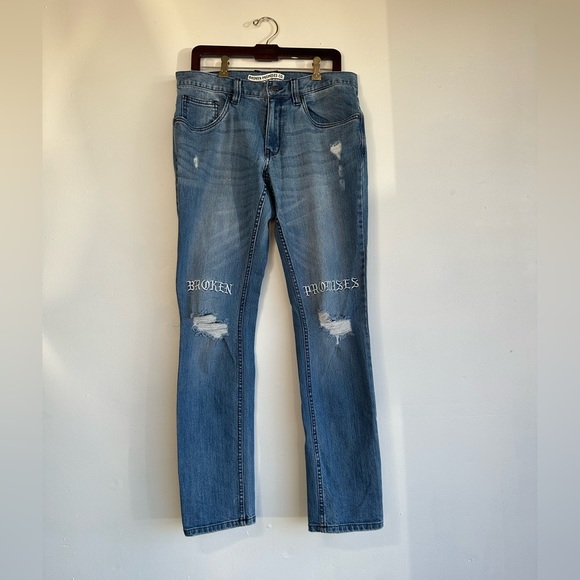 broken promises co | Jeans | Mens Blue Jeans Ripped Knee Broken ...